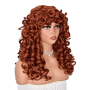 ANNISOUL Copper Curly Wigs for Black Women Long Curly Afro Wig with Bangs for Women Big Bouncy Fluffy Synthetic Fiber Glueless Hair for Cosplay and Daily
