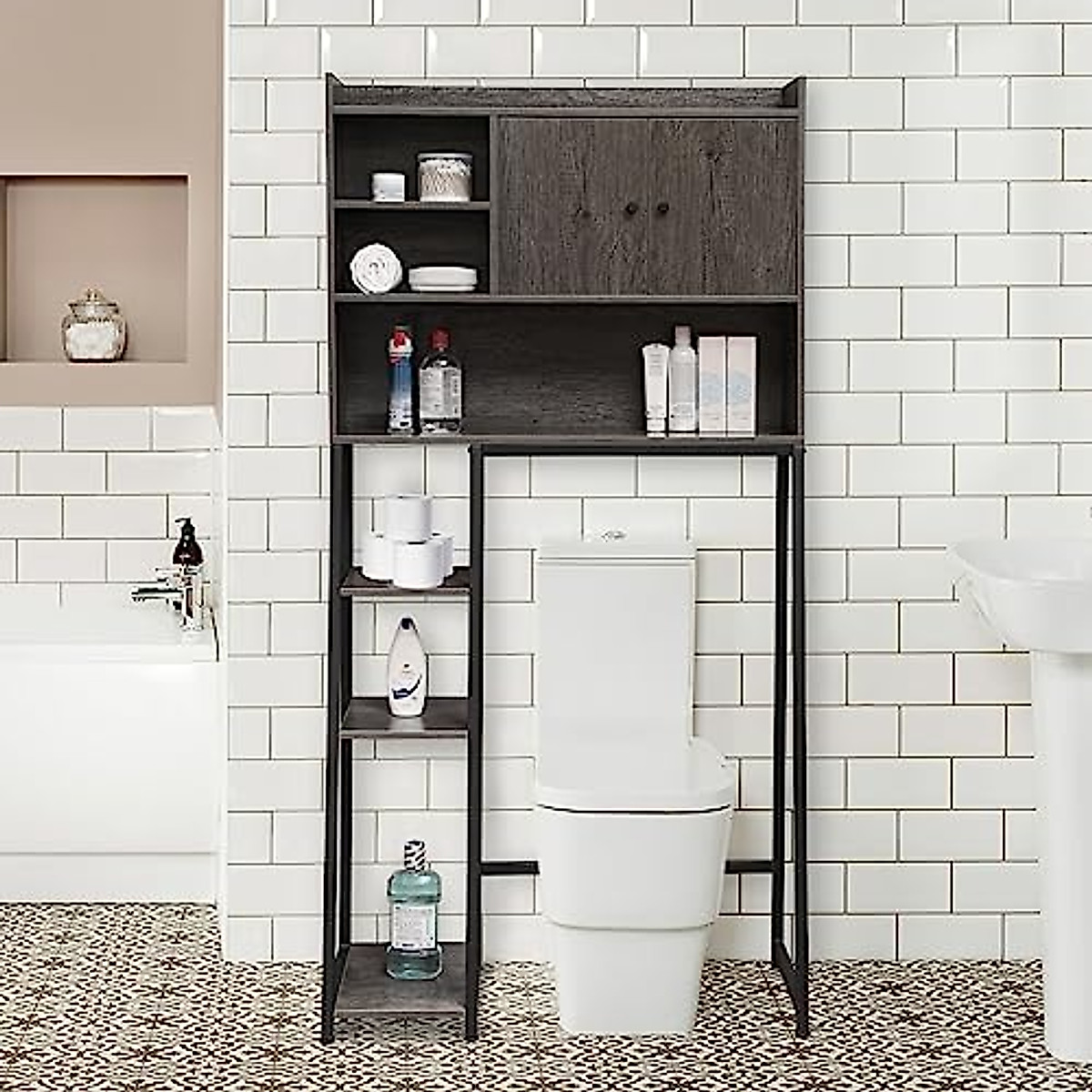FLYZC Over The Toilet Storage Cabinet, Over Toilet Bathroom Organizer with Toilet Paper Holder Stand, Bathroom Storage Cabinet Over Toilet, Over Toilet Storage Shelf Rack for Bathroom Storage