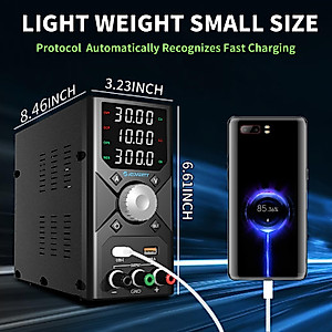 Jesverty DC Power Supply Variable, 0-60V 0-5A Adjustable Switching DC Regulated Bench Power Supply with 20W USB & Type-C Quick-Charge, Encoder Knob, 4-Digit LED Display, Preset Memory - SPS-6005X
