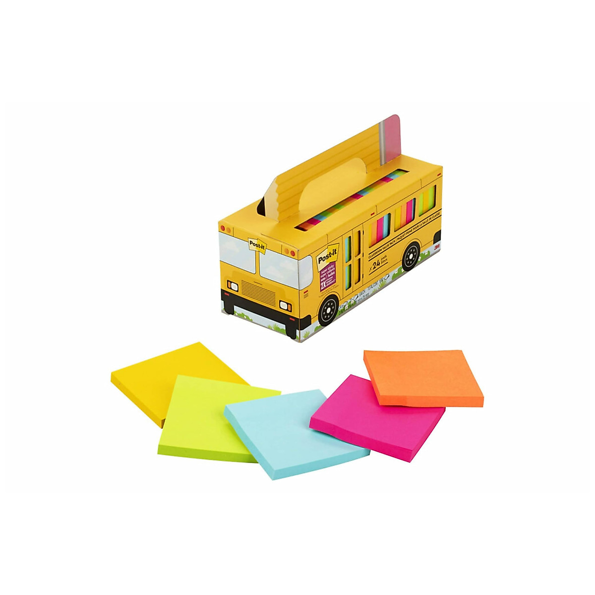 Post-it Super Sticky Notes Value Pack, 24 Pads, Convenient School Bus Carry and Storage Case, 2X The Sticking Power, 3x3 in, Bright Colors (Orange, Pink, Blue, Green, Yellow), Recyclable (654-24SSBUS)