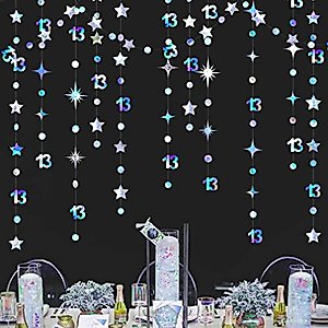 Iridescent 13th Birthday Decorations Number 13 Circle Dot Twinkle Star Garland Metallic Hanging Streamer Bunting Banner Backdrop Girls 13 Year Old Birthday Thirteen Official Teenager Party Supplies