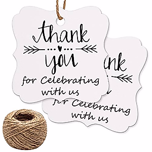 Thank You Tags, Thank You for Celebrating with Us Tags, 100Pcs White Thank You Tags for Wedding Birthday Baby Shower Party Favors, Paper Gift Tags with 100 Feet Jute String