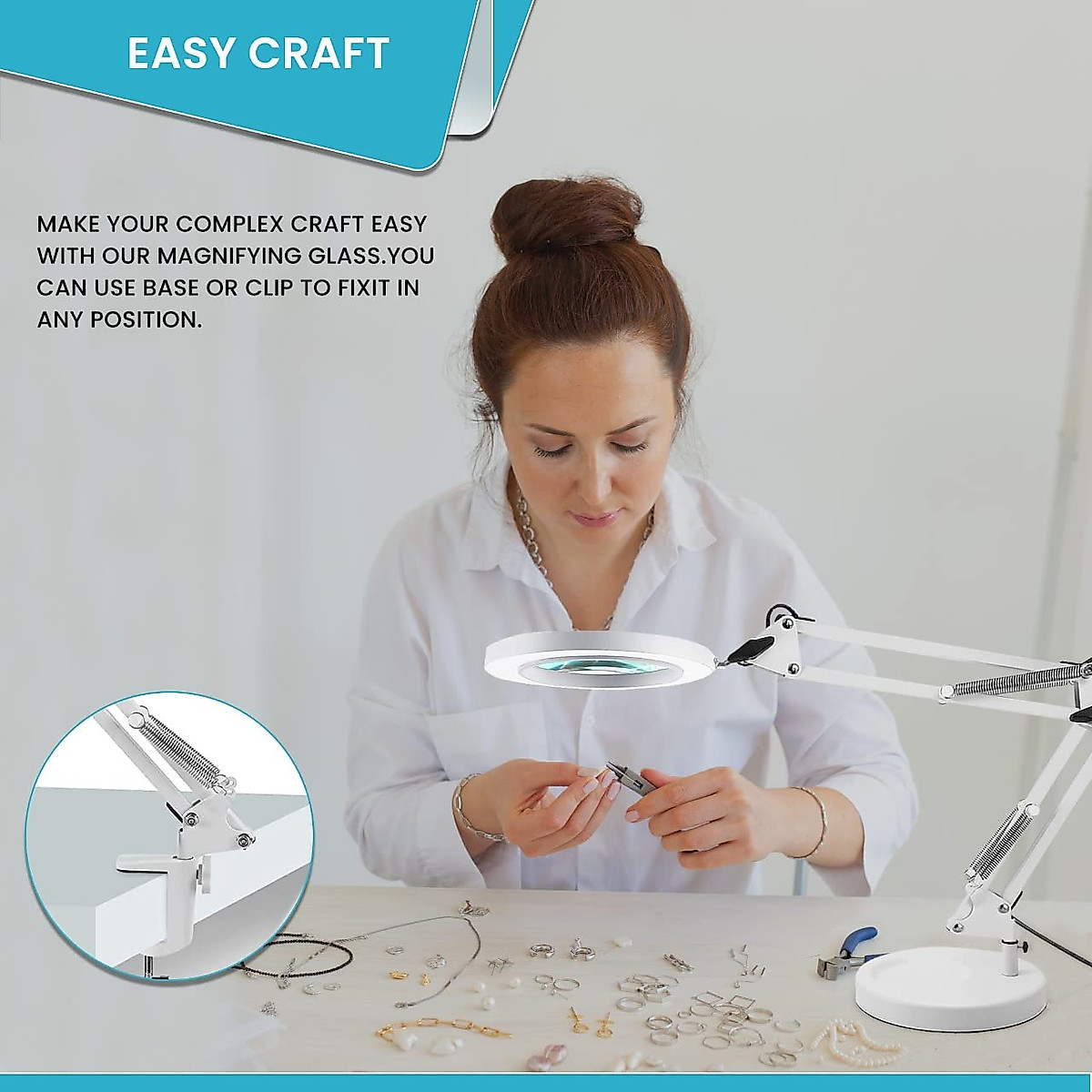 Magnifying Glass with Light and Stand - 2-in-1 Stepless Dimmable LED Magnifying Desk Lamp with Clamp - 3 Color Modes Lighted Magnifier Lens Swivel Arm Light for Reading, Craft, Close Works