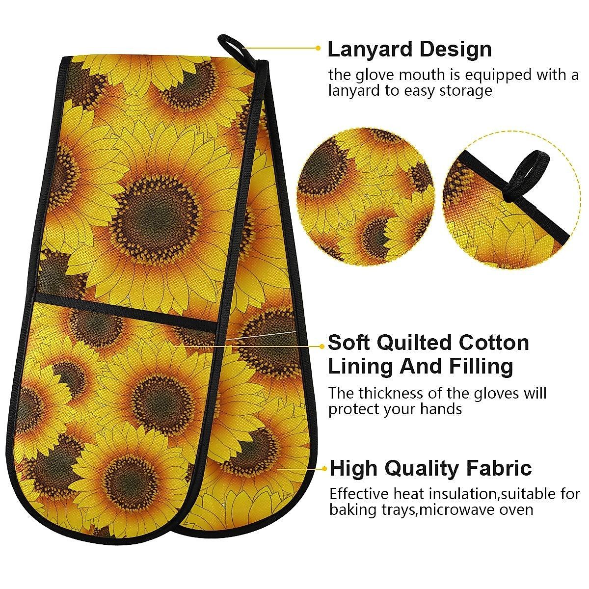 Quilted Double Oven Mitts - Yellow Sunflower Connected Oven Mitts Cooking Gloves Great for BBQ Grilling Baking