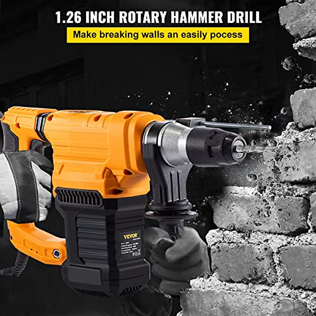 VEVOR Hammer Drill, 1500W 1.26", 13A Rotary Hammer with 3-Mode for Hammering & Drilling Concrete, SDS Plus Breaking Machine with Case, Bits, Chisels and Vibration Control System