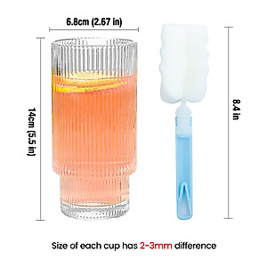 VKDONE Ribbed Glasses, Ribbed Glassware Set of 6, 12 oz Origami Style Glass Cups Vintage Glassware, Heavy, Ridged Glass for Juice, Iced Coffee, Tea, Cocktail, Whiskey, Beer