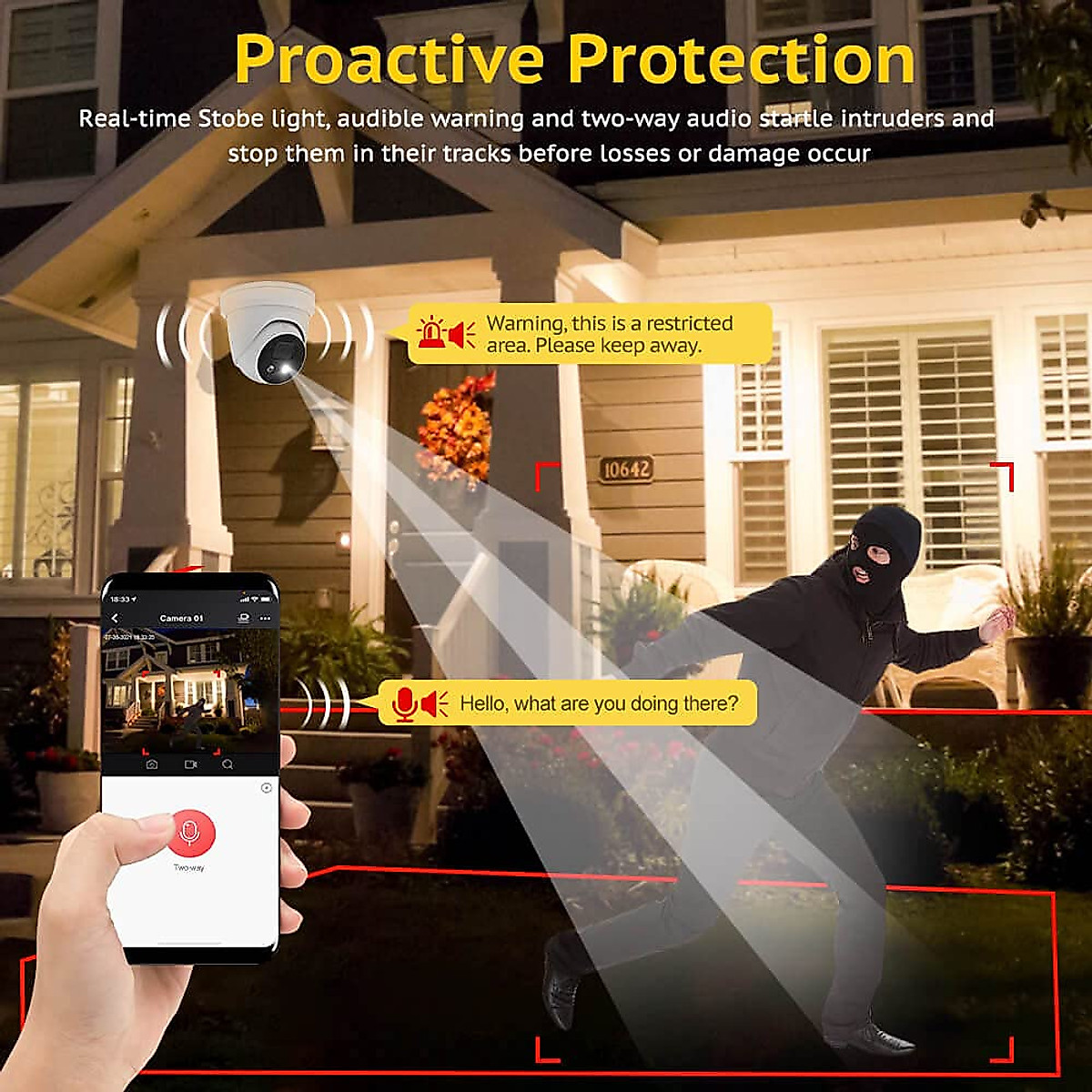 HITOSINO 4MP PoE IP Camera - 2.8mm, Strobe Light and Audible Warnning,WDR,H.265+,IP67,Built-in Two-Way Audio,Human and Vehicle Detection