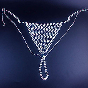 Bridal Rhinestone Thong Panties, Crystal Belly Waist Body Chain Jewelry Cute Sexy Bikini Rhinestone Underwear (Silver color)