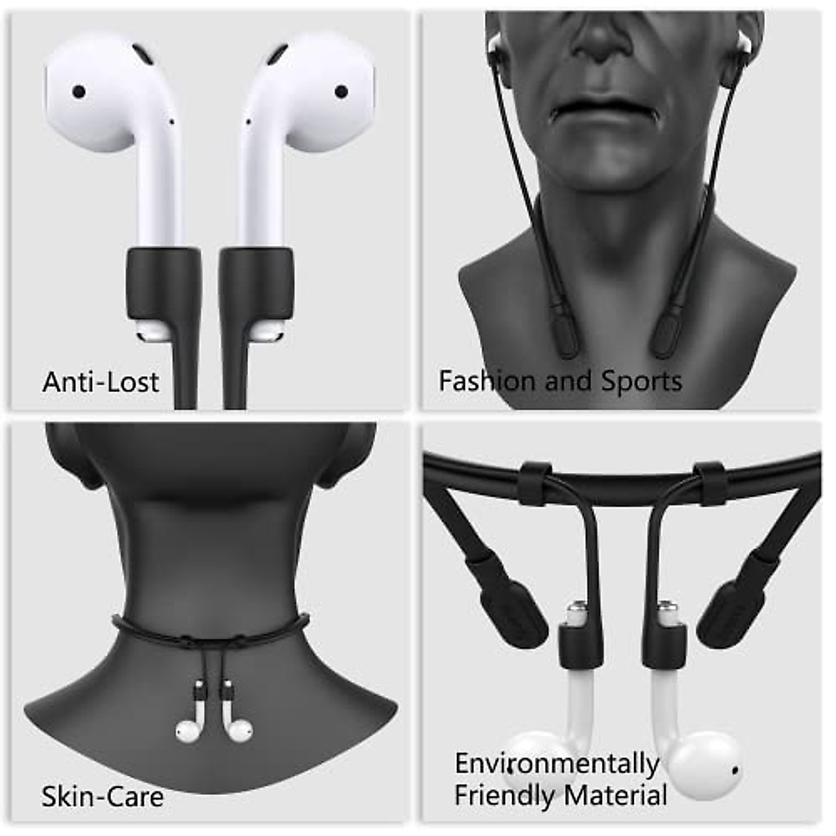 HALLEAST Compatible AirPods Pro2/3/Pro/2/1 Skin-Friendly Silicone Neckband Strap, Lightweight Airpod Holder, Anti-Lost Wire, Airpod Cord for Gym, Wireless Earbuds Strap, Headphone Strap (Black)