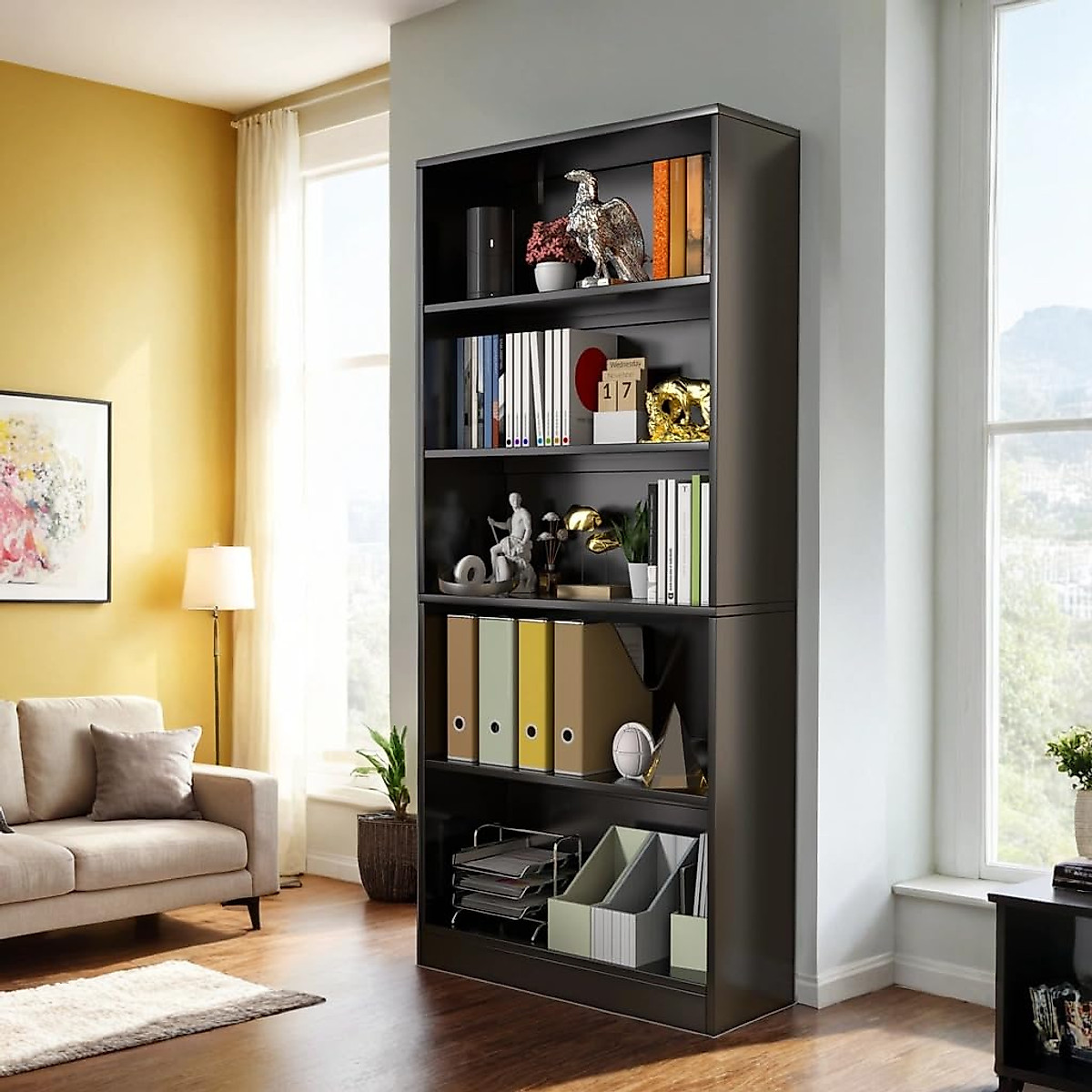 holzart 71" Tall Book Shelf, 5 Tier Large Bookshelf, Standing Wood Display Book Shelf for Living Room, Office, Library with Doors, 31.5" W x 70.87" H x 11.81" D, Black