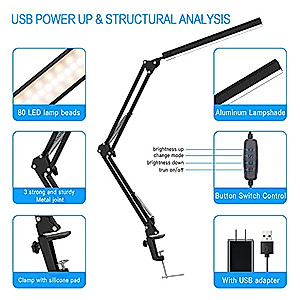 TROPICALTREE LED Desk Lamp, Swing arm Desk Light with clamp, 3 Lighting 10 Brightness Eye-Caring Modes, Reading Desk Lamps for Home Office 360 Degree Spin with USB Adapter & Memory Function black-14W