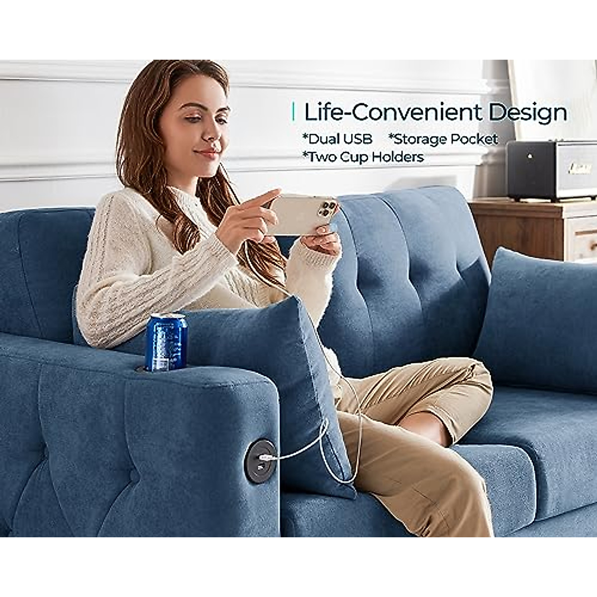 LINSY HOME Pull Out Sofa Bed, Queen Sleeper Sofa Couch with Memory Foam Mattress and Solid Wood Bed Frame, Covers Removable and Washable, Pullout Couch for Home Office, Blue, Queen Size