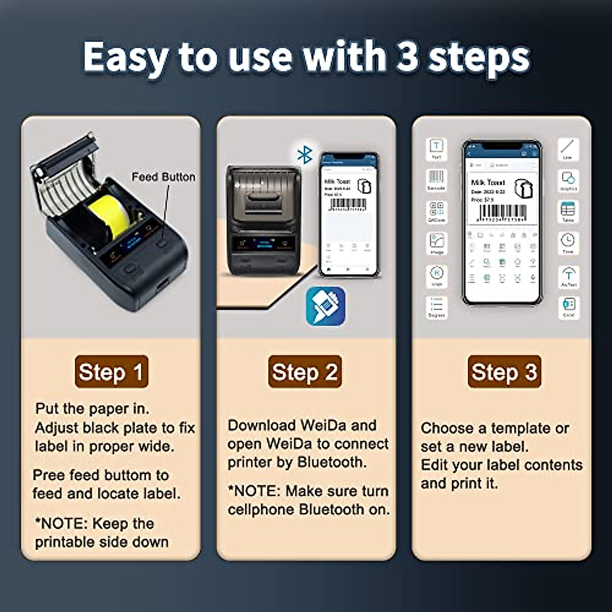 DETONGER Label Maker DP23S Thermal Portable Bluetooth Barcode Label Maker with 1 Pack 50x30mm Label Sticker for Home Office Organization Commercial Use, Android & iOS,Black