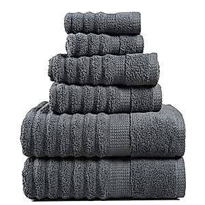 LANE LINEN Ribbed Space Grey Bath Towels for Bathroom Set- 100% Cotton Bath Towel Set, Bathroom Towels Set, Quick Dry, Luxury Towels, 2 Bath Towels, 2 Hand Towels, 2 Wash Cloths - 6 Piece Set