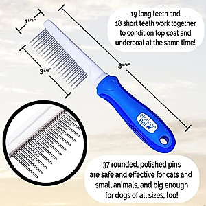 Horicon Pet Detangling Grooming Comb with Long & Short Stainless Steel Metal Teeth - Dogs, Cats & Small Animals for Removing Matted Fur, Knots & Tangles
