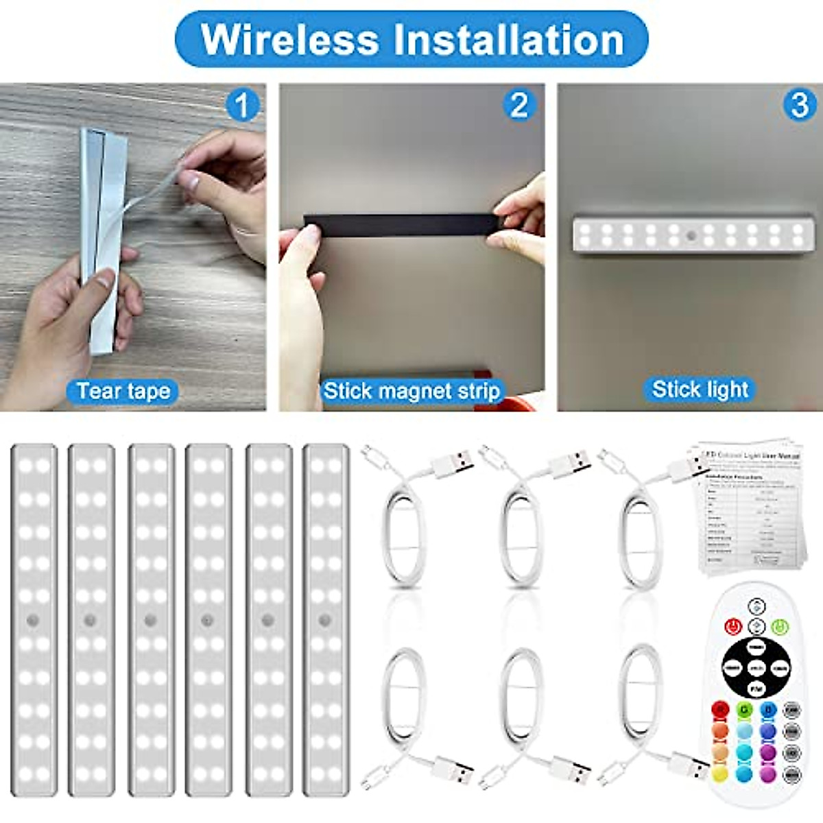 Under Cabinet Lighting Wireless with Remote, 48 LED Rechargeable Under Cabinet Lights, Kitchen Counter Lights Dimmable LED Closet Lights RGB Bar for Shelf, Car, Hallway, 15 Color Changing, 6 Pack