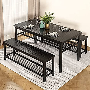Lamerge 3-Piece Dining Table Set, Black Dining Table with Storage Shelf, Kitchen Table and Chairs Set for 4, Dining Table Set with 2 Benches, Industrial Dining Table Set for Dining Room, Kitchen