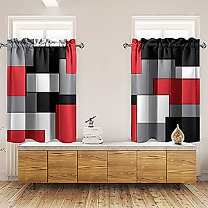 HAISUKA Red Kitchen Curtains Tiers and Valances Set of 3 Black Grey Red Kitchen Decor and Accessories Abstract Art Kitchen Window Curtains for Cafe Living Room