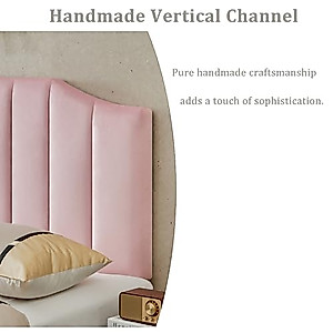 Befurtori Velvet Upholstered Queen Headboard, Tufted Headboard for Queen/Full, Modern Vertical Channel Design with Curved Tufted Solid Wood Head Board and Luxury Soft Padded, Pink