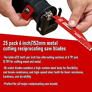 Souyou 25 Pack 6 Inch 6/12 Tpi Reciprocating Saw Blade Bi-Metal Steel Demon with Perma-Shield Coating for Cutting Wood Metals