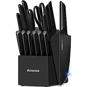 Knife Set, 15 Pieces Chef Knife Set with Block for Kitchen, German Stainless Steel Knife Block Set, Dishwasher Safe, Elegant Black
