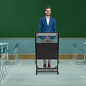 Mobile Stand Up Lectern Podium with Wheels, Portable Heavy Duty Height Adjustable Desk, Ergonomic Ambidextrous Steel Frame for Church Pulpit, Classroom Lecture Speech (Black)