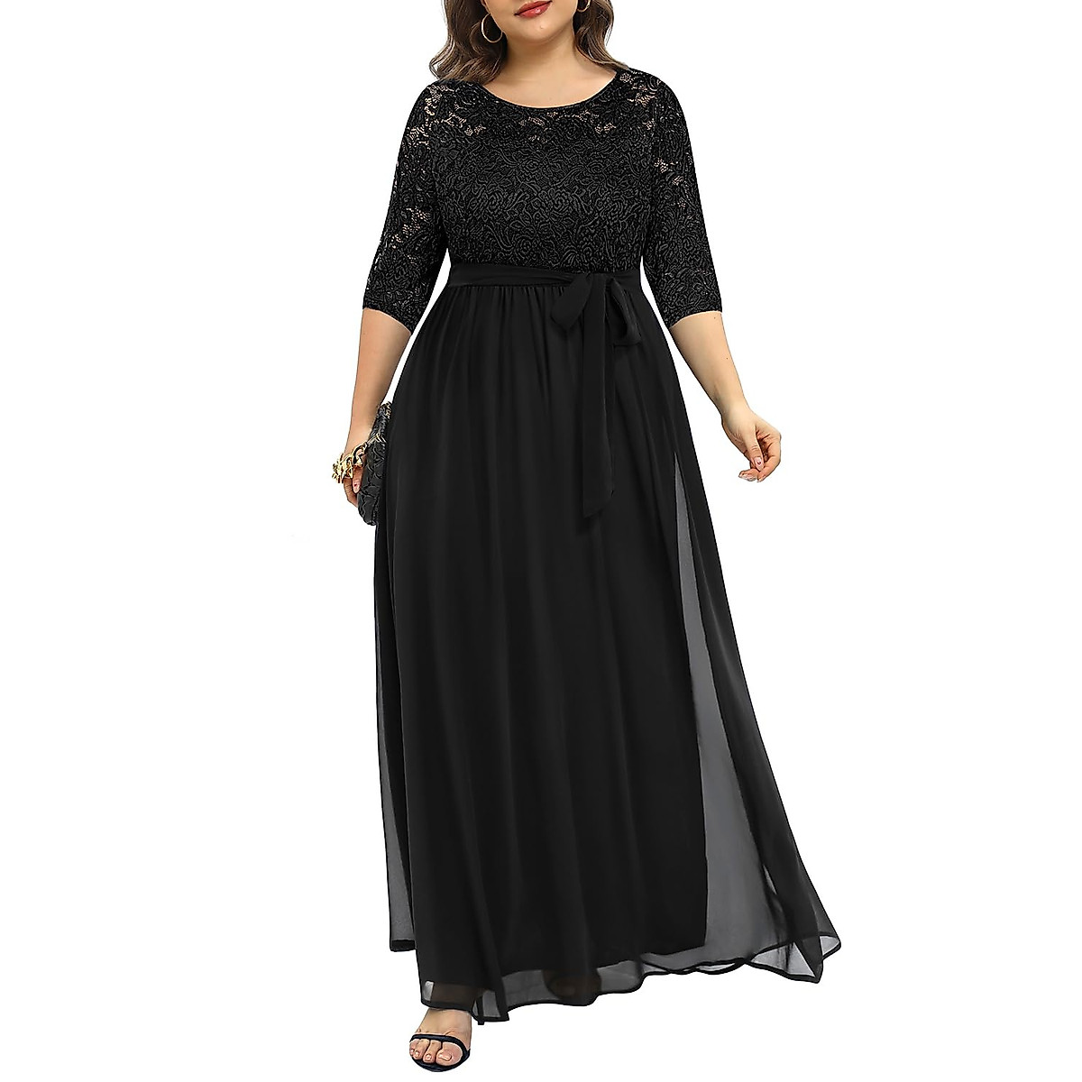 Plus Size Black Formal Gowns Evening Dresses Lace Wedding Prom Party 3/4 Sleeve Long Maxi Elegant Dresses for Women