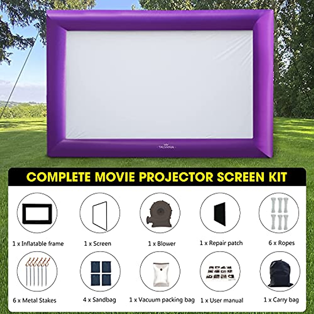 Talvania 33 Feet Inflatable Projector Screen for Outdoor and Indoor TV Movie Watching, Huge Screen, Blower, Tie Downs, Stakes, Sandbags, and Storage Bag, Quick Blow Up, Jumbo (33' Purple)