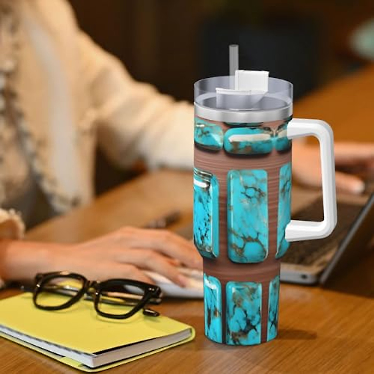 HULIBIN Bright Aqua Blue Turquoise Print Double Deck Stainless Steel Travel Coffee Cup With Lid 40 Oz Ice Bully Cup
