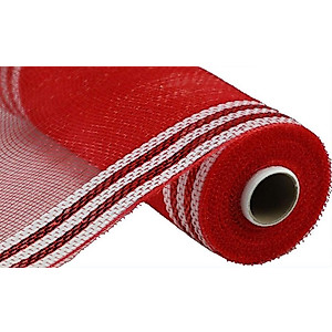 10.25" X 10 Yard (30 Feet) Red w/White Border Stripe Metallic Mesh