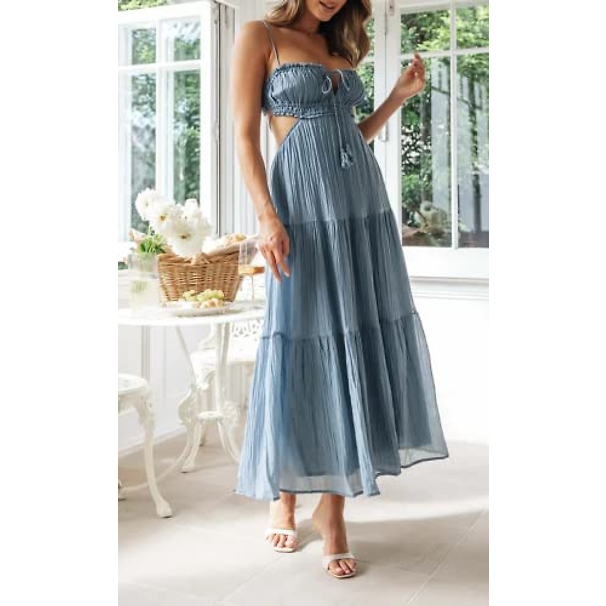 Women Y2k Bodycon Long Dress Spaghetti Strap Low Cut Dress Sexy Backless High Split Maxi Dress Clubwear Z-Blue