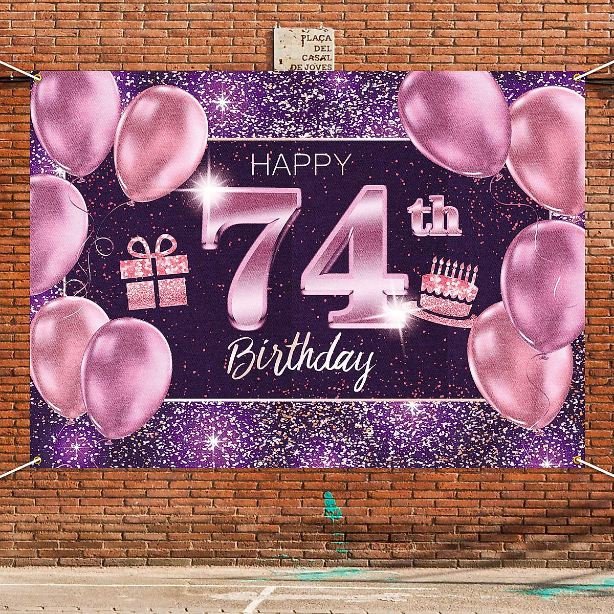 PAKBOOM Happy 74th Birthday Banner Backdrop - 74 Birthday Party Decorations Supplies for Women - Pink Purple Gold 4 x 6ft