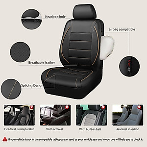CAR PASS Universal FIT Piping Leather Two Front Seat Covers, Waterproof Faux Leather for SUV Sedan Van Truck, Airbag Compatible,Reserved Opening Holes for Headrest Covers. (Black and Beige)