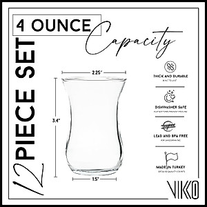 Vikko Teacups, Turkish Tea Glasses, Set of 12 Authentic Turkish Tea Cups, 4 Ounce Tea Glass