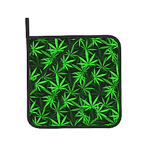 Oven Mitts and Pot Holders Sets Weed Leaf Print Oven Gloves Heat Resistant Potholders 4 Pcs Set Washable Non-Slip BBQ Gloves with Hanging Loop for Women Men Kitchen Baking Cooking Grilling