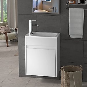 UEV 16" Small Bathroom Vanity Wall Mounted,White Small Bathroom Vanity with Ceramic Sink,Bathroom Vanity and Sink Combo,Chrome Faucet P-Trap Include (White)