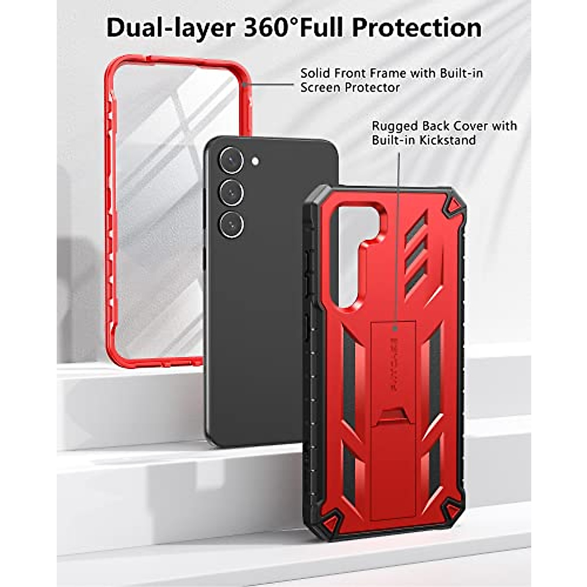 FNTCASE for Samsung Galaxy S23+Plus Case: Dual Layer Protective Textured Cover & Rugged TPU Shell with Kickstand | Military Grade Drop Protection | Heavy Duty Cell Phone Protector(Red)