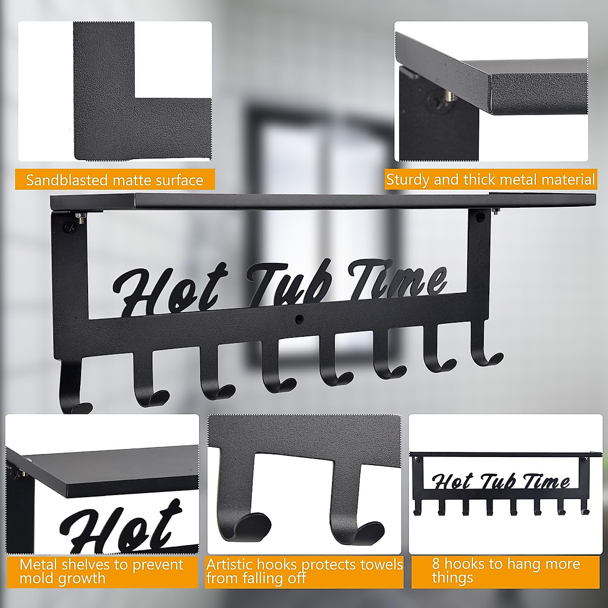 Hot Tub Towel Rack with Shelf - Metal Towel Rack Hanger for Hot Tub, 8 Curved Hooks, Wall Mounted, Hot Tub Accessories for Coats Robes Bathrobes in Bathrooom Hotel, Hot Spring, Pool, Home Spa (Black)