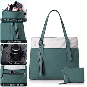 Tote Bag Women,Cute School Bag Bookbag for College,Small Work Purse with Pockets Laptop Compartment 15.6in,Canvas Zippered Shoulder Bag for Teacher Nurse,Green