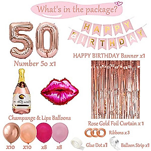 50th Birthday Decorations Women Rose Gold Hot Pink 50 and Fabulous Birthday Decor Cheers to 50 Years Rose Gold Happy Birthday Banner Curtain 50 Balloon Number Fifty Party Decor Lips Bottle Balloon