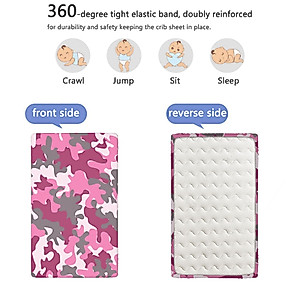 Camo Themed Fitted Crib Sheet,Standard Crib Mattress Fitted Sheet Soft & Stretchy Fitted Crib Sheet -Baby Crib Sheets for Girl or Boy,28“ x52“,Hot Pink Magenta Grey