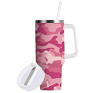 GKCLOCK 40 oz Tumbler with Handle and Straws, Insulated Reusable Stainless Steel Travel Coffee Mug Water Bottle for Office & Outdoor, Cupholder Friendly (Pink Camouflage Style)