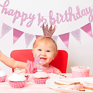 6 Months Banner Happy Birthday Banner Happy 1/2 Birthday Banner Glitter 1/2 Half Year Cake Topper Triangle Flag Banner for Half Year Baby Shower Birthday Party Decoration, Pre-strung (Pink)