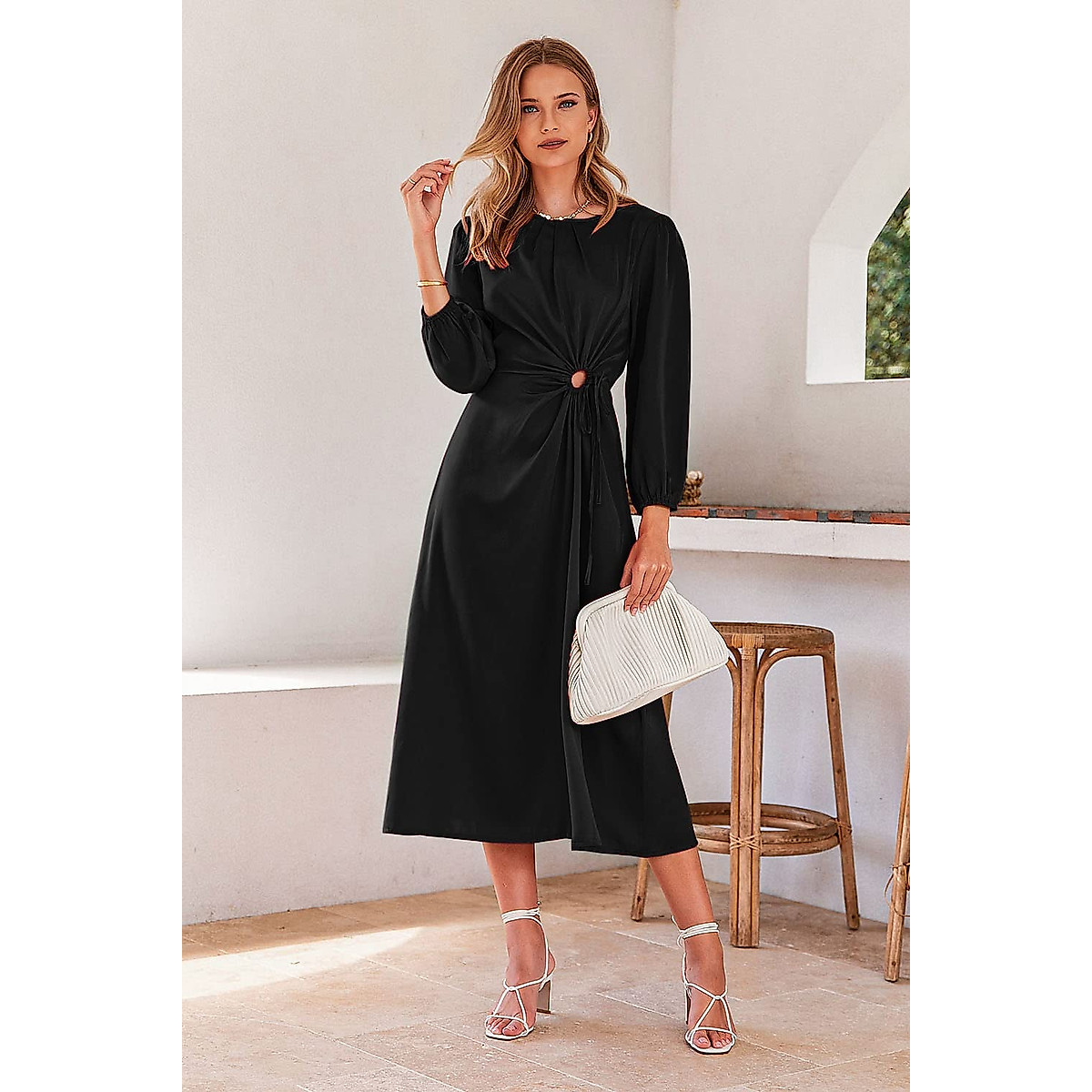 PRETTYGARDEN Women's 2024 Satin Maxi Dress Puff Long Sleeve Crewneck Cutout Casual A-line Long Flowy Dresses (Black,Large)