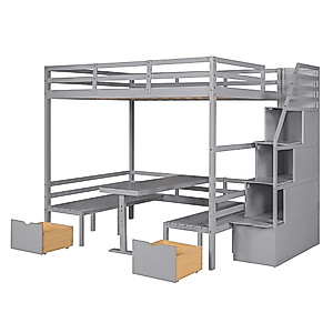 BOVZA Full Over Full Bunk Bed with Staircase, Convertible Dorm Loft Bed with Desk, Seat and Storage Drawers for Kids Boys Girls Teens, Gray