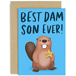 Old English Co. Best Dam Son Ever Birthday Greeting Card - Beaver Pun Funny Birthday Card for Son - Cute Card from Mum and Dad - Congratulations Well Done Son Card | Blank Inside with Envelope
