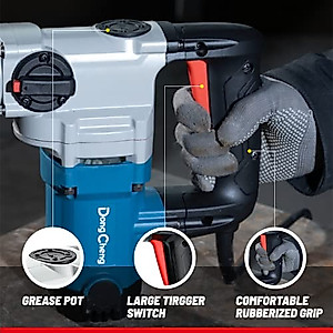 DongCheng 1-1/8 Inch SDS-Plus Rotary Hammer Drill with Safety Clutch, 9.2Amp Heavy Duty Corded Demolition Hammer for Concrete, 1300 RPM, 3.6 Joules, Including 3pcs Drill Bits