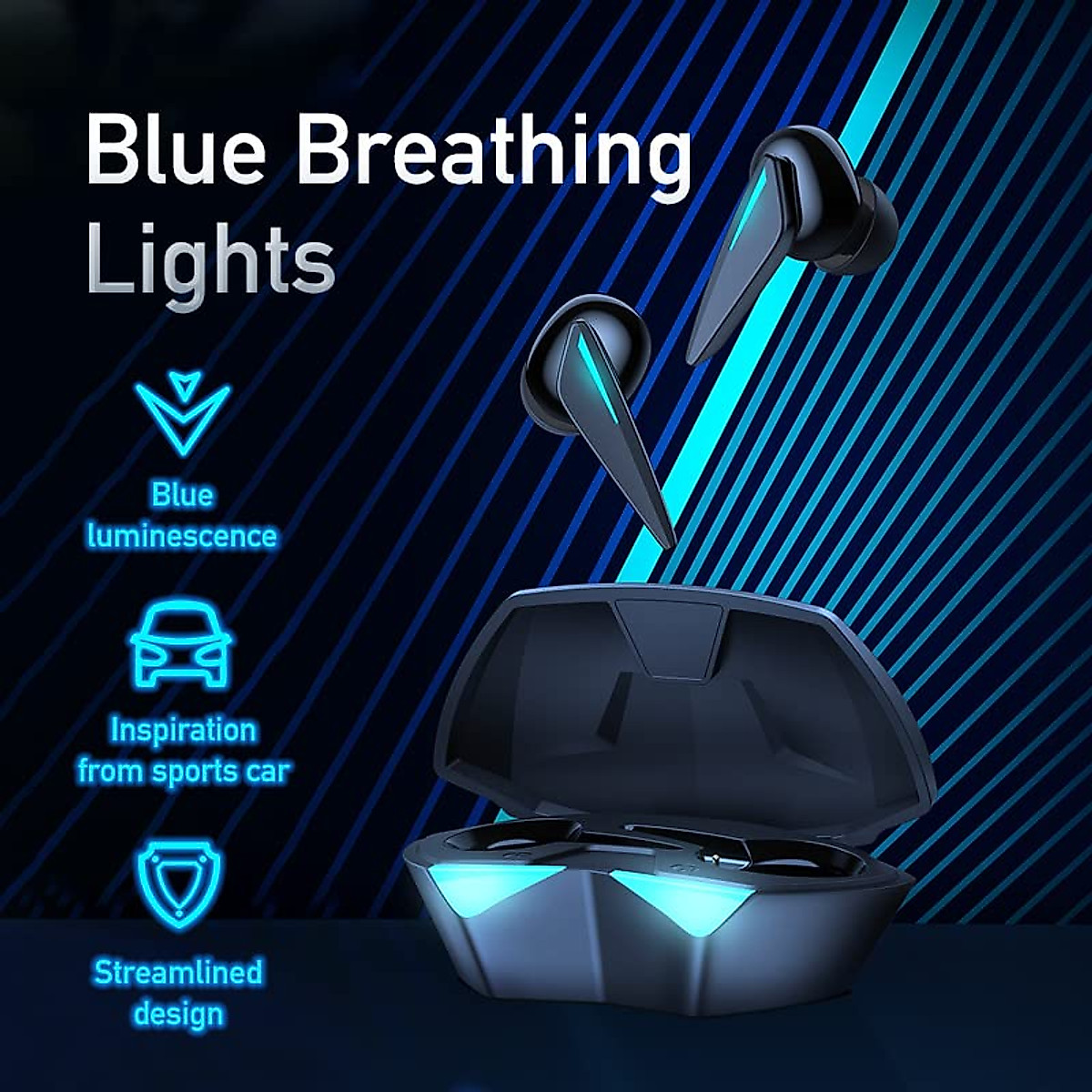 Wireless Gaming Earbuds with Blue Breathing Lights, 65ms Ultra-Low Latency Bluetooth Earbuds, Bluetooth 5.3 chip Dual Modes(Game/Music), HiFi Bass Surround Stereo Sound, 35Hours Playtime(White)