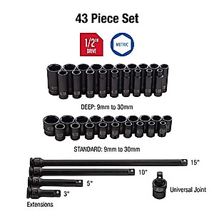 Sunex 2569, 1/2" Drive Master Impact Socket Set, 43Piece, Metric, 9mm - 30mm, Standard/Deep, Cr-Mo Alloy Steel, Radius Corner Design, Heavy Duty Storage Case, Universal Joint & Impact Extensions
