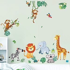 decalmile Jungle Animals Wall Decals Monkey Giraffe Elephant Wall Stickers Baby Nursery Kids Room Living Room Wall Decor